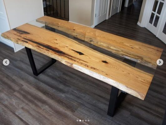 Oak live edge river dining table with glass inlay - Woodify Canada