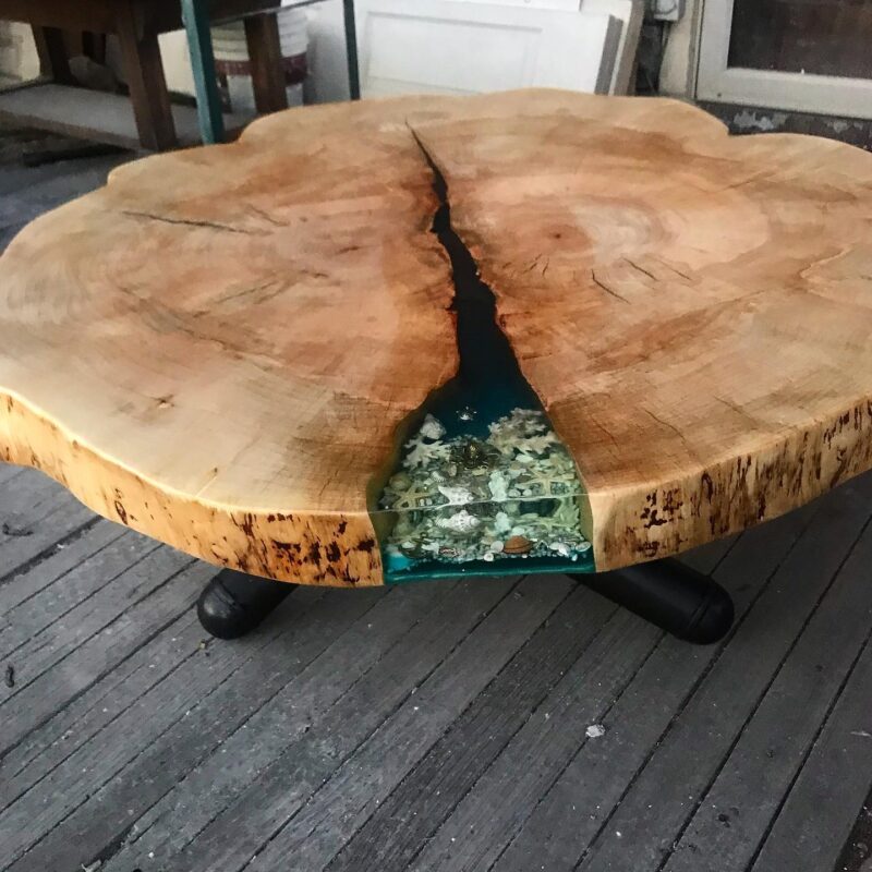 Epoxy Ocean Coffee Slab Tree Table with waves - Woodify Canada