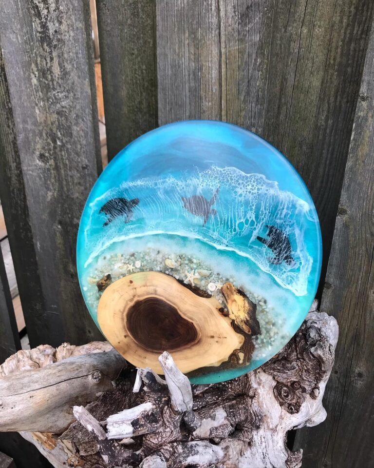 Epoxy Ocean Coffee Rounded Table with waves and Turtle Art - Woodify Canada