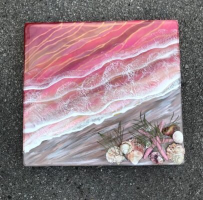 Epoxy Pink Ocean Coffee Table with waves - Woodify Canada