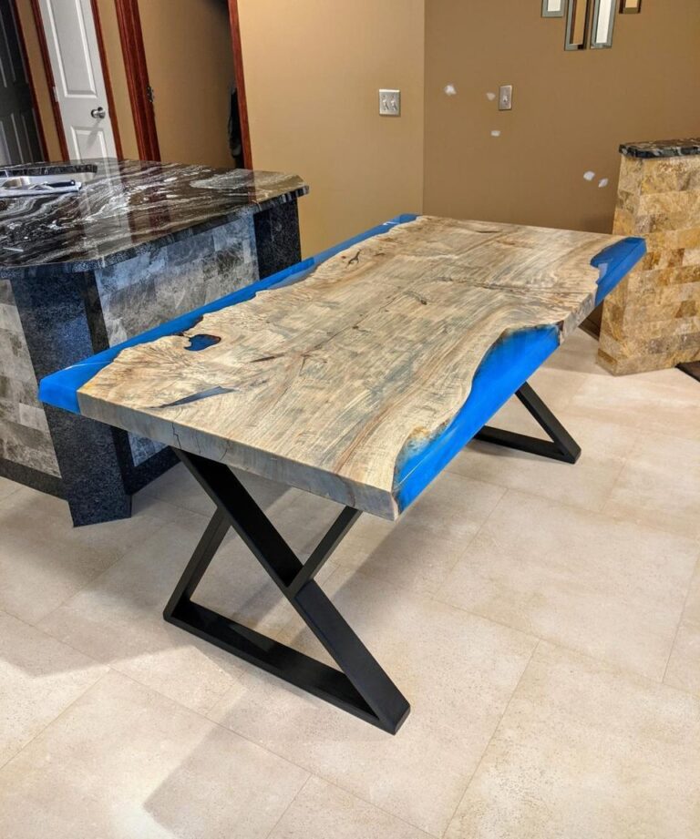 Epoxy Live Edge Table with Blue Edges & Custom Legs - Woodify Canada
