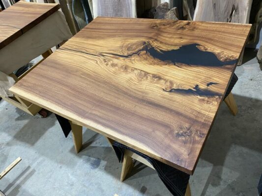 LIVE EDGE ENGLISH ELM WOOD TABLE WITH BLACK RESIN INLAYS - Woodify Canada