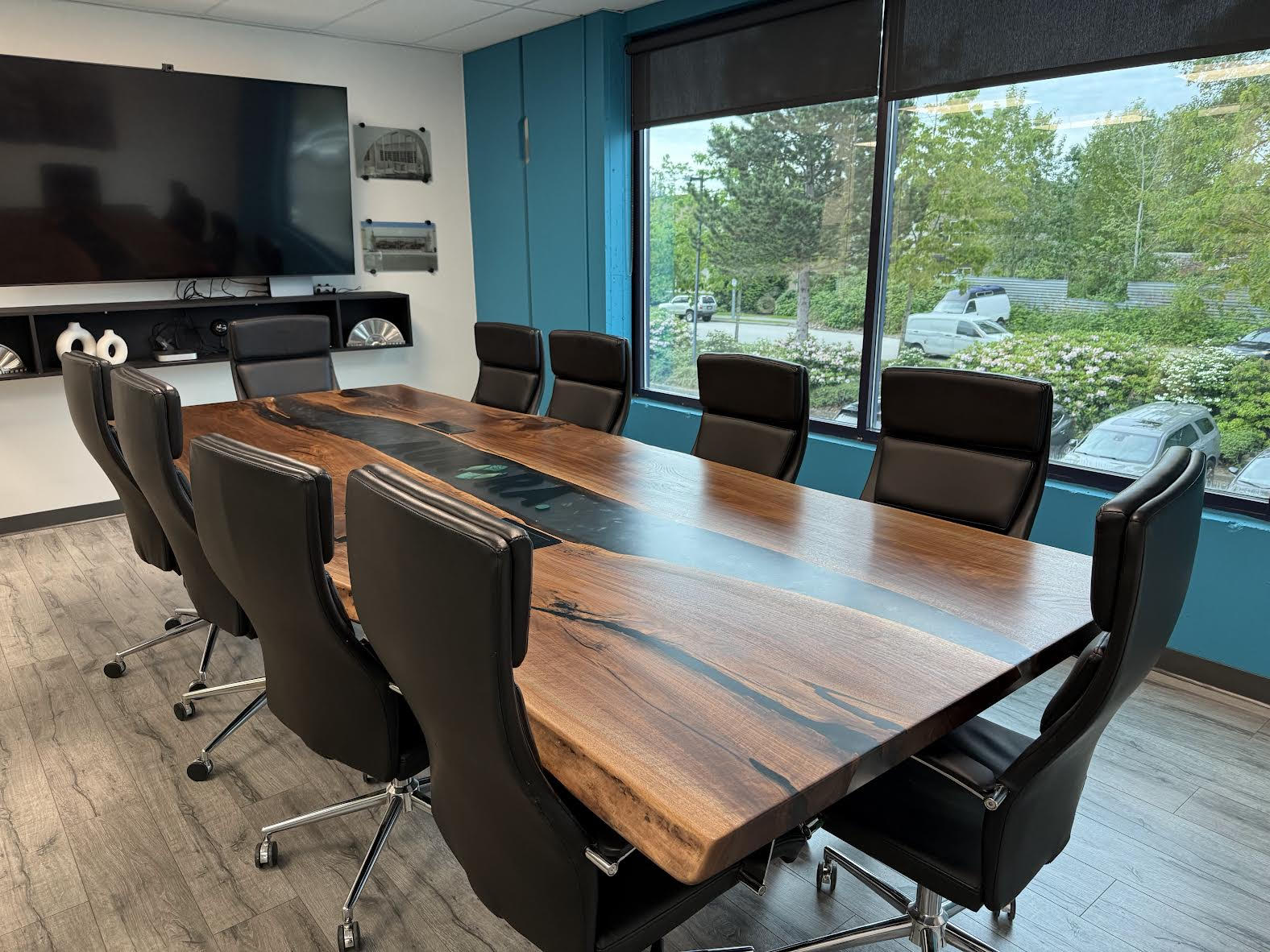 12ft x 5ft Red Oak Epoxy River CNC Logo Boardroom Table with Power ...