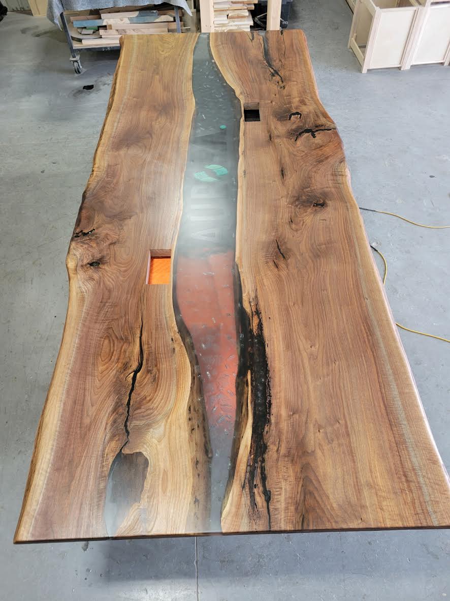 12ft x 5ft Red Oak Epoxy River CNC Logo Boardroom Table with Power ...